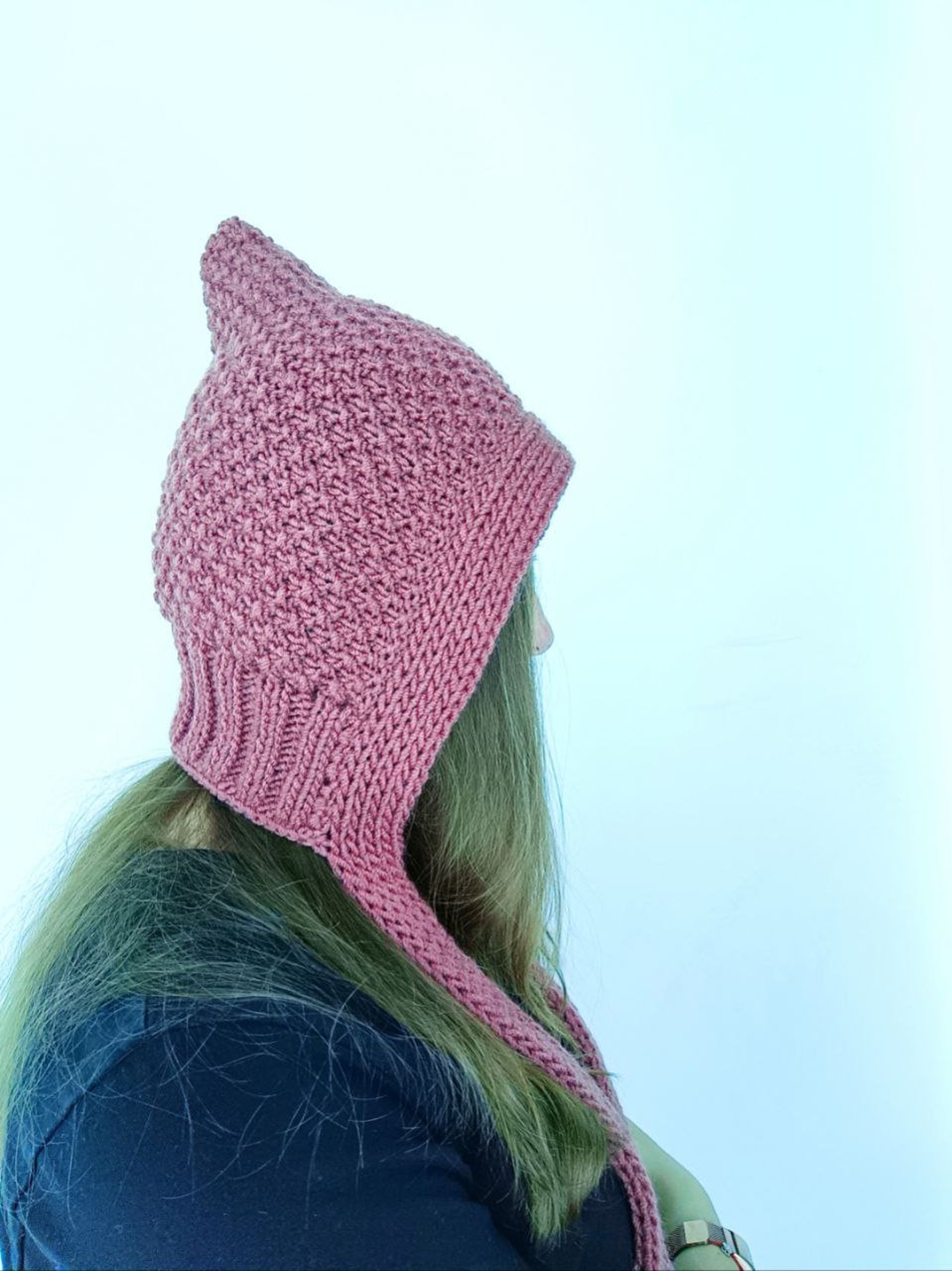 PDF Knit Pattern for Adult Pixie Hood – Women's Bonnet Hat With Ties ...