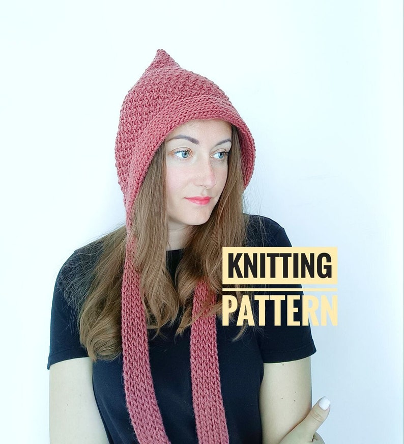 PDF Knit Pattern for Adult Pixie Hood – Women's Bonnet Hat With Ties ...