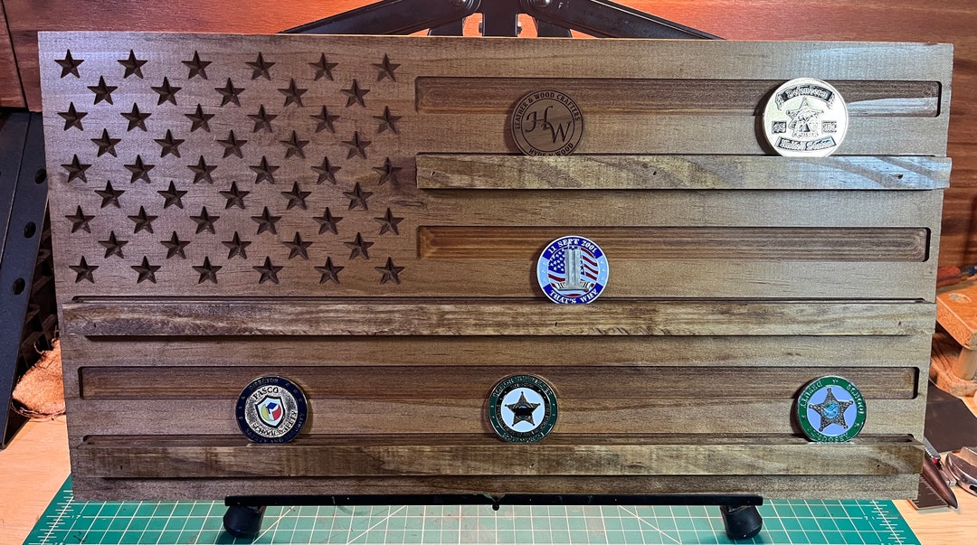 11x22 Custom Carved Wood Flag Challenge Coin Holder Display. Show off ...
