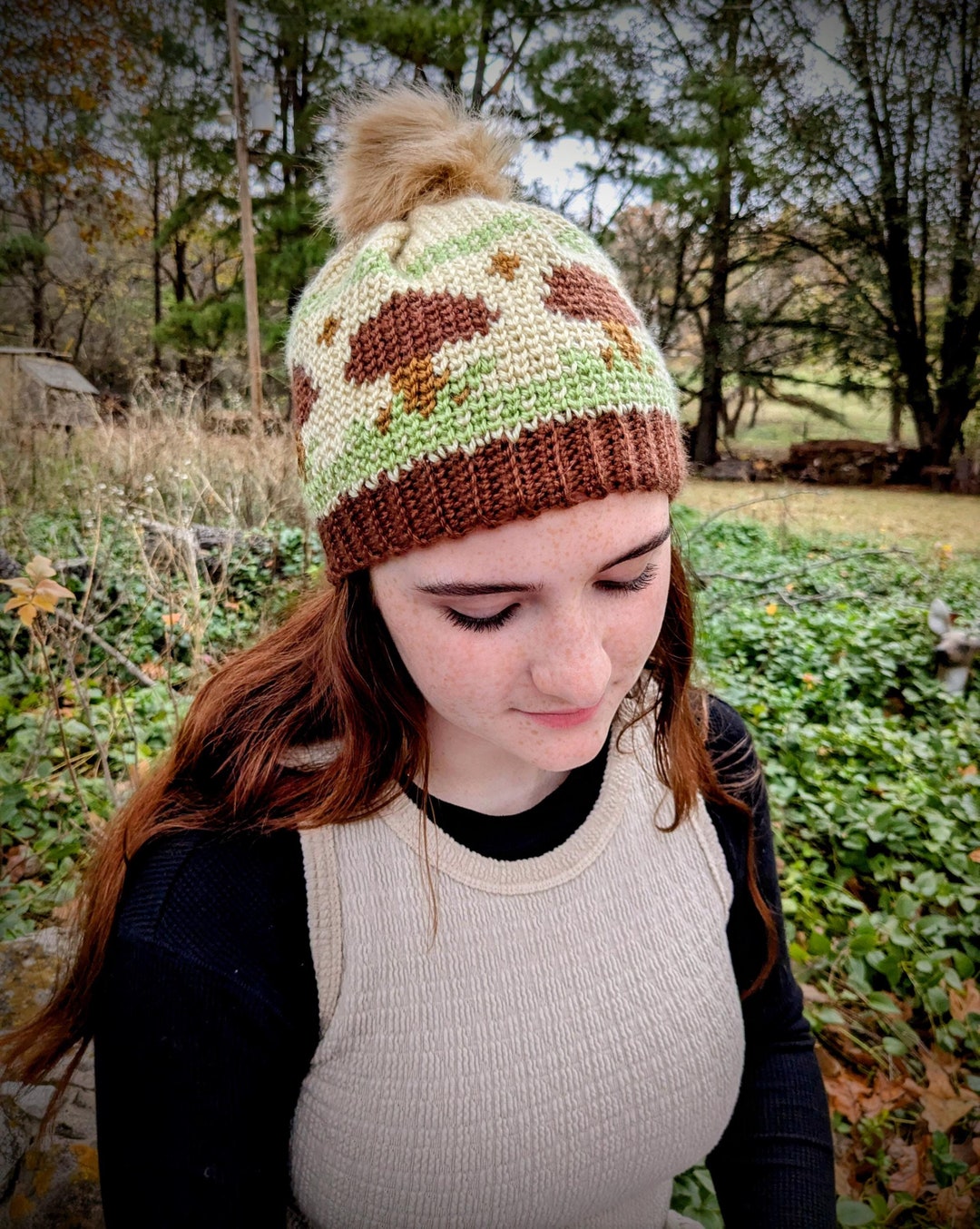 Mushroom Cottagecore Beanie Hat/ Hat With Fur Pom Pom / Adult Crochet ...