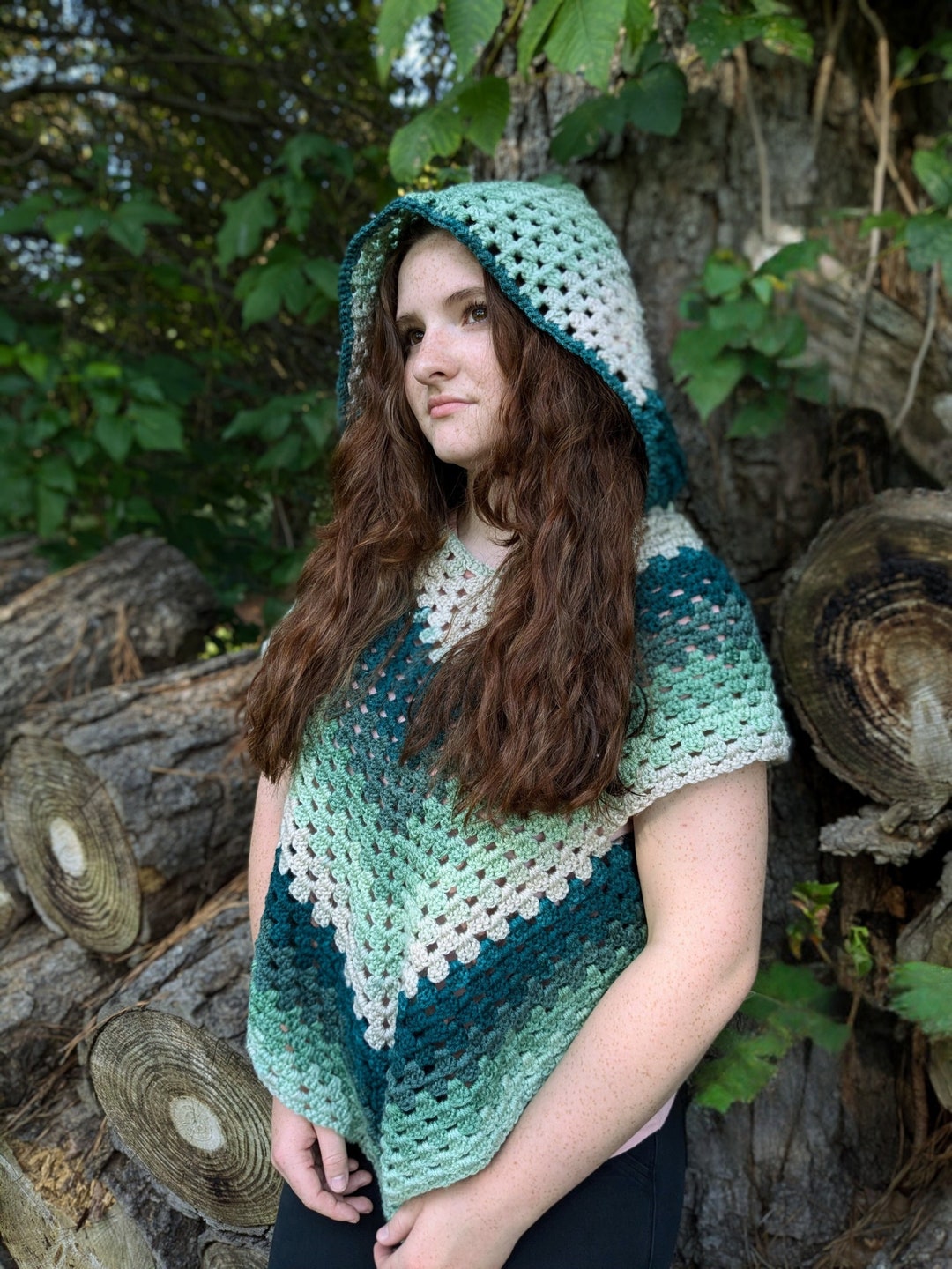 Hooded Crochet Green Gradient Poncho With Arm Holes / Adult Kerchief ...