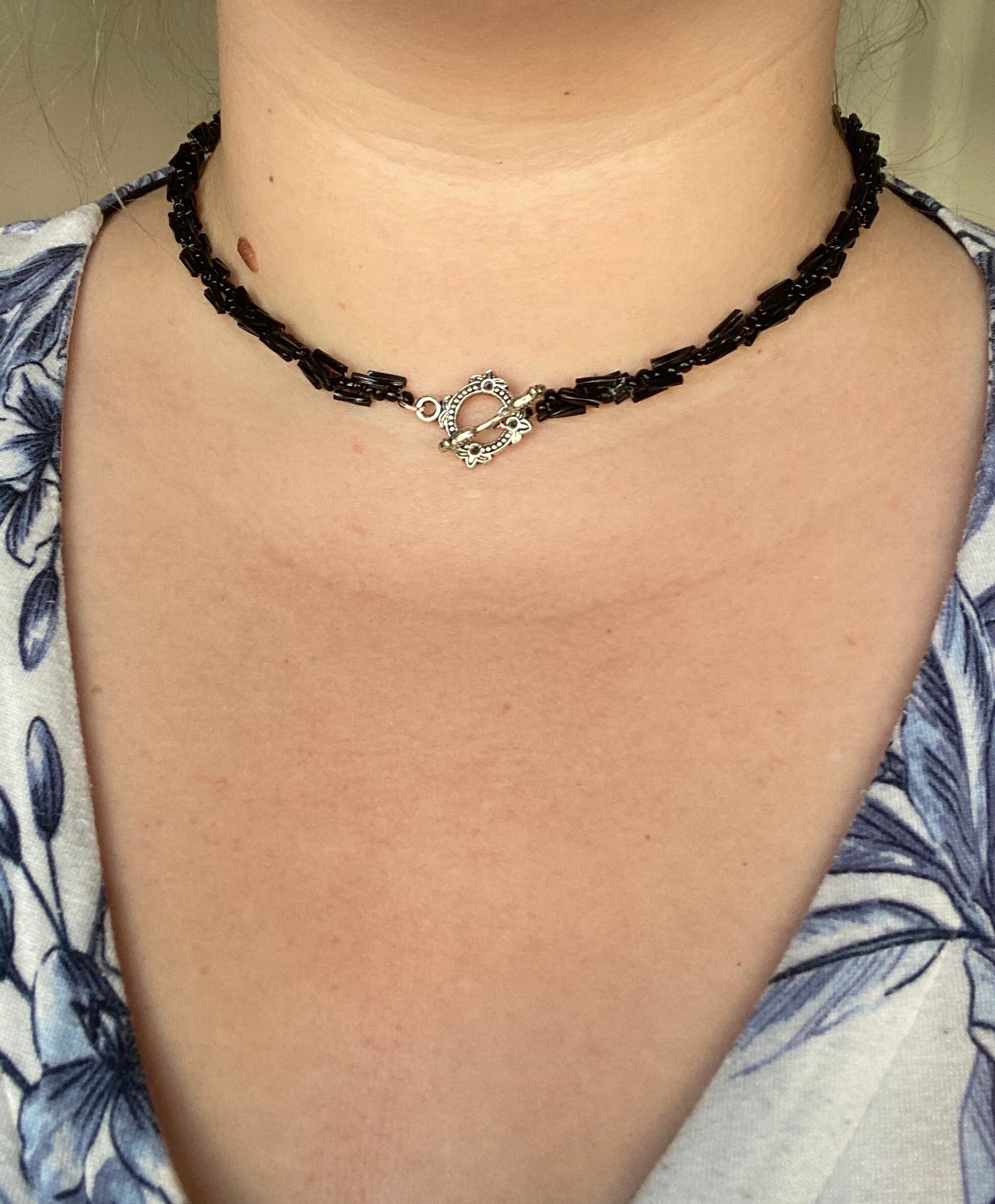 Beaded Black Choker Necklace with Toggle Clasp | Etsy