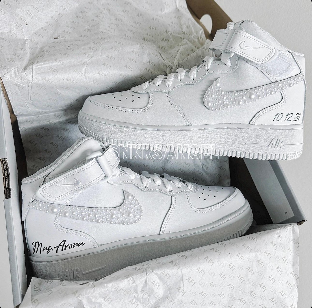 Bridal Wedding Air Force 1 Mid Nike Sneakers White Pearl Bling ...
