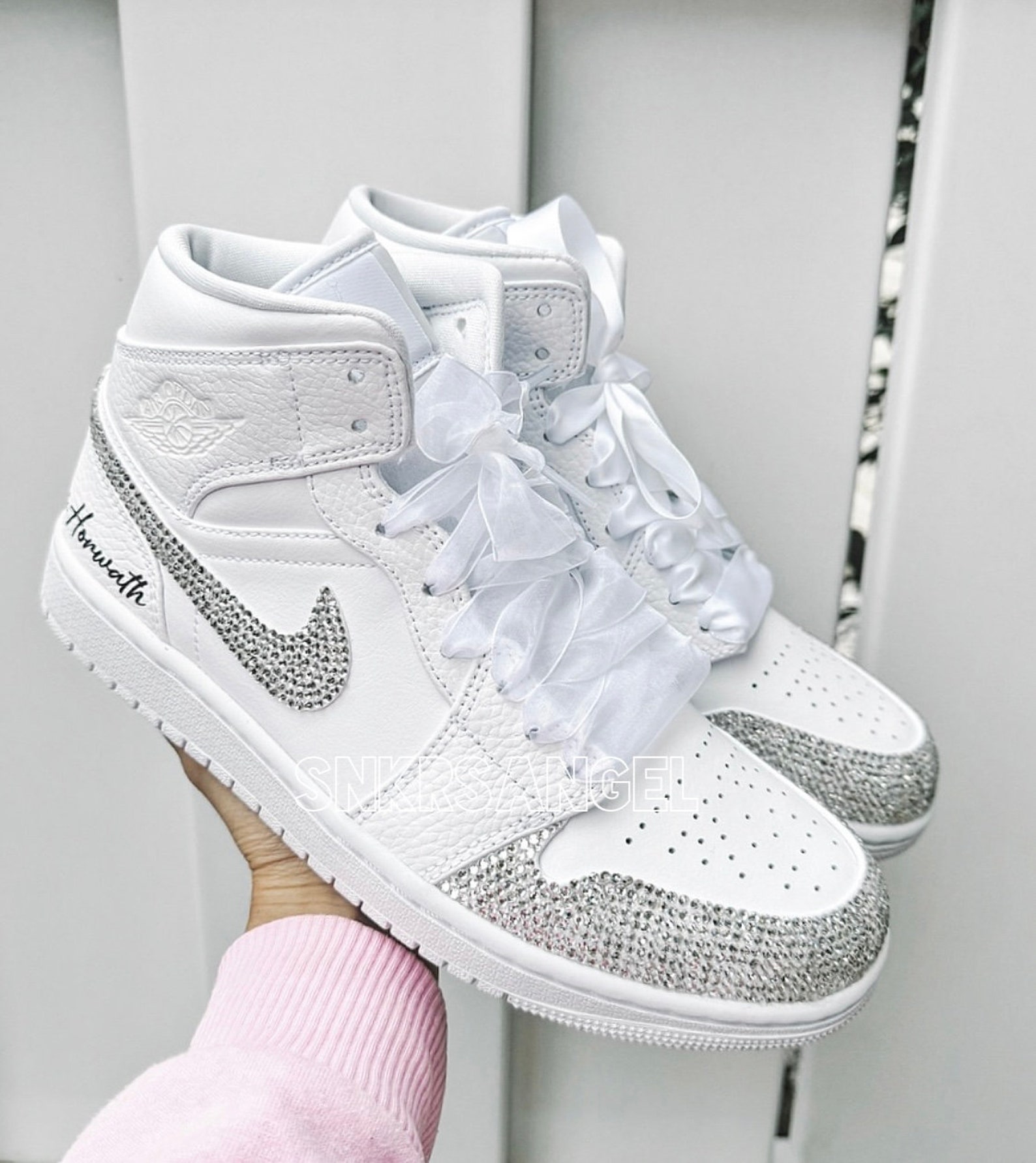Wedding Air Jordan 1 Mid Bride Sneakers Mrs Shoes Rhinestone Crystal ...