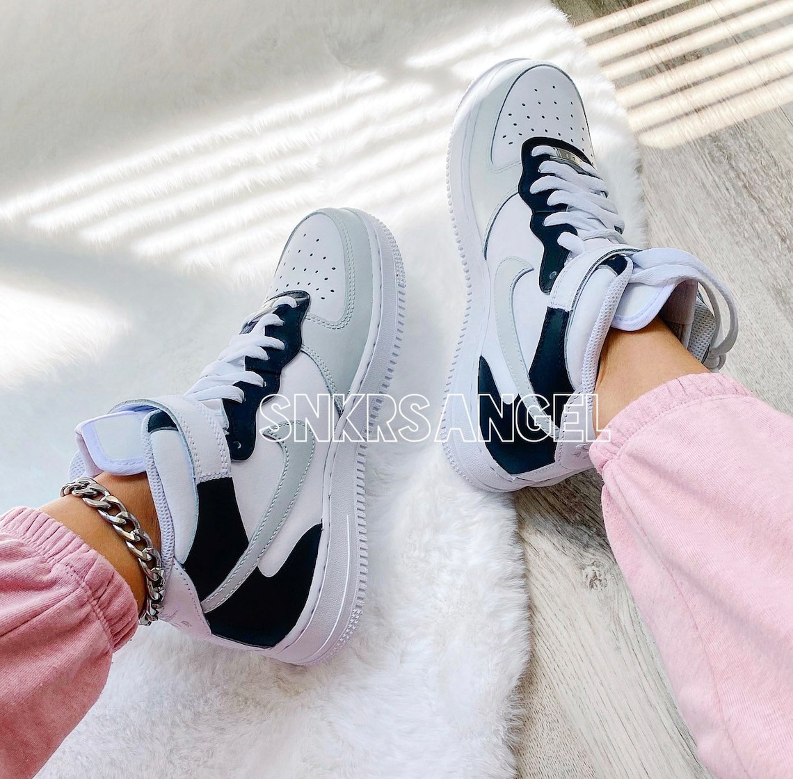 Custom Air Force 1 Mid Sneakers Black Gray Mismatch - Etsy