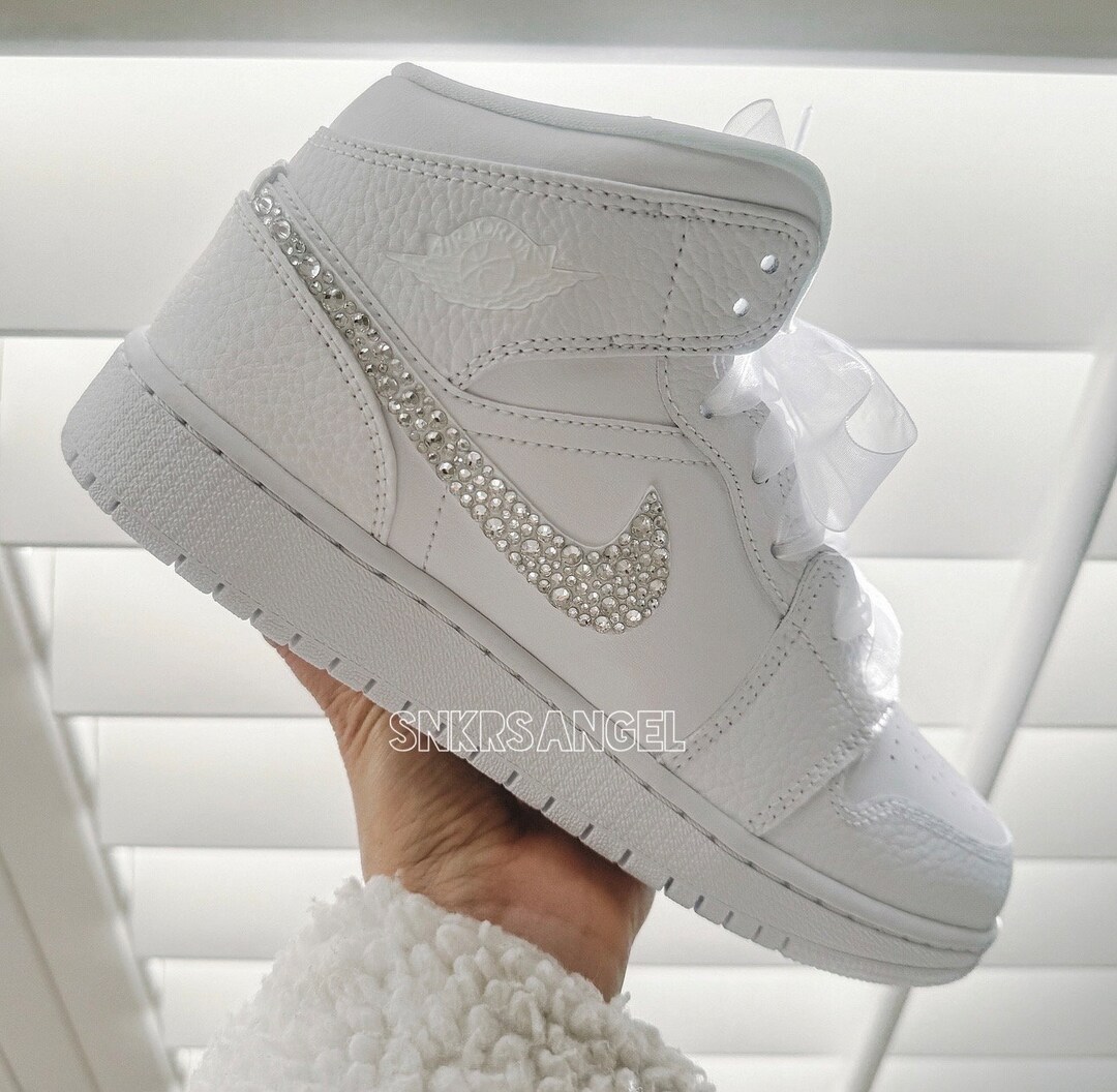 Wedding Bride Air Jordan 1 Mid Sneakers Rhinestones Crystal Nike Bling ...