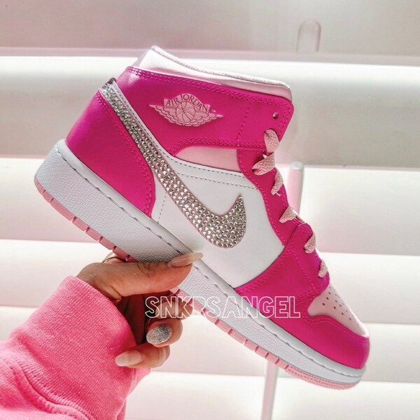 Fully Blinged Jordan 1 Mids Pink, Custom Rhinestone Sneakers, Bedazzled ...
