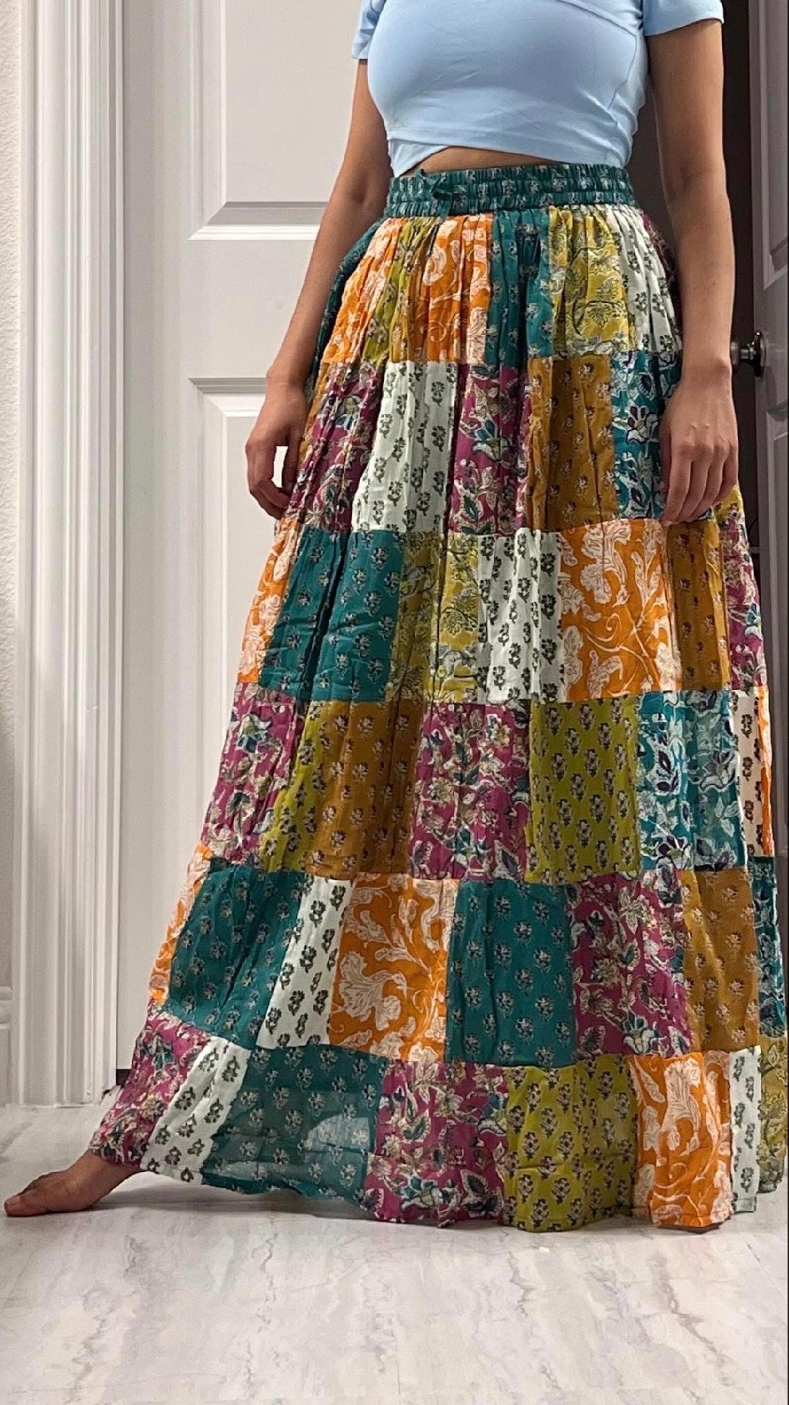 Assorted Indian Patchwork Long Skirt Cotton Elastic Waist in Multi Color Patch Work, Funky Mixed ...
