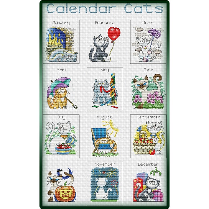 Easy Cross Stitch Pattern, Animal Design, Cats Calendar Counted Cross ...