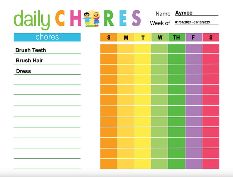 Digital Print, Children Chores Chart, Digital Download - Etsy