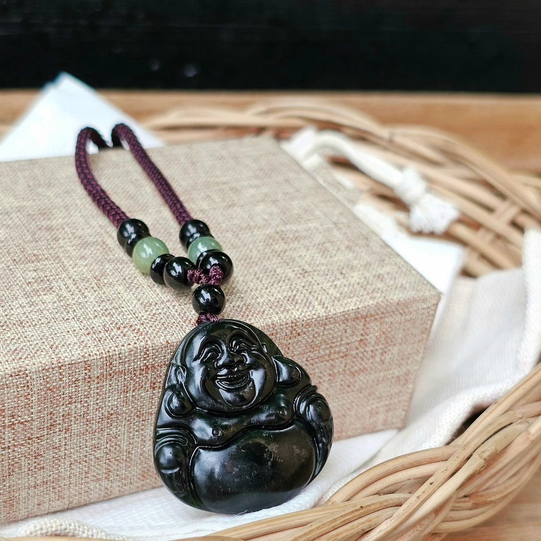 Black Nephrite Jade Pendant Shining Green Light Carved Phra - Etsy