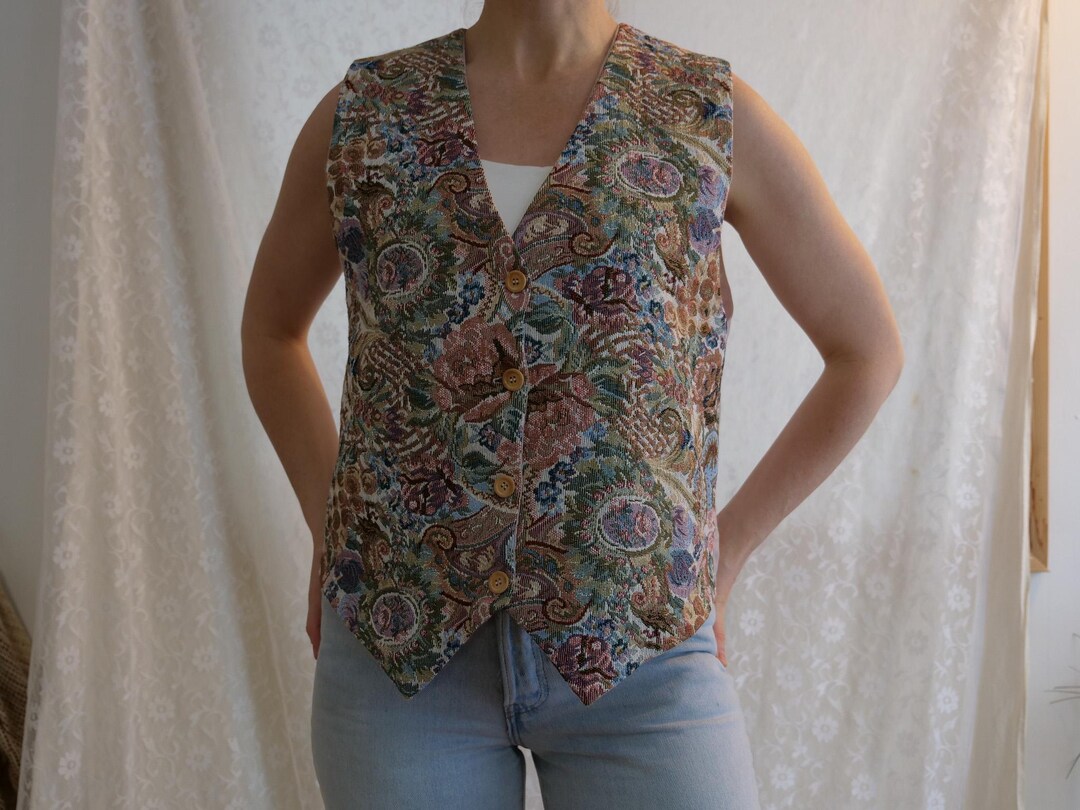 90s Floral Tapestry Vest, Cottagecore Sleeveless Waistcoat (L) - Etsy
