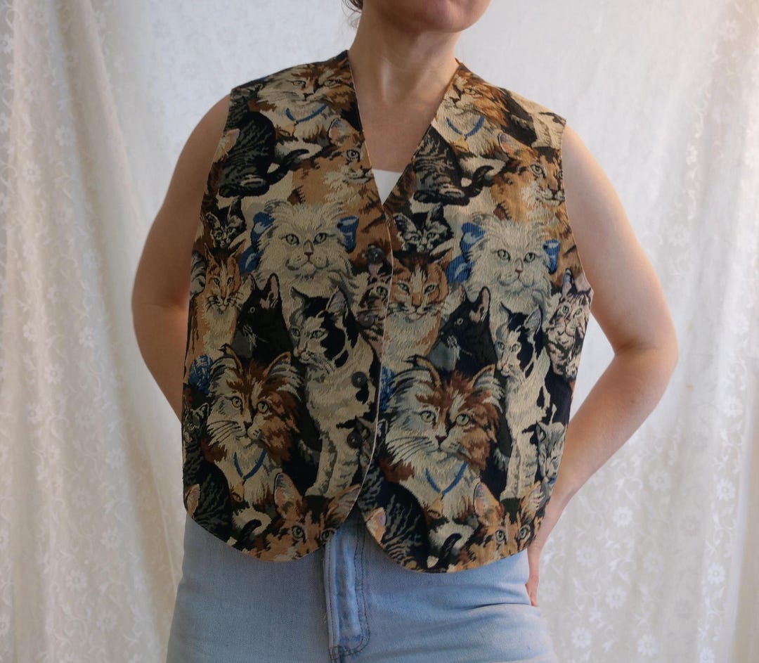 Vintage 90s Cat Tapestry Vest, Quirky Sleeveless Waistcoat, XL - Etsy