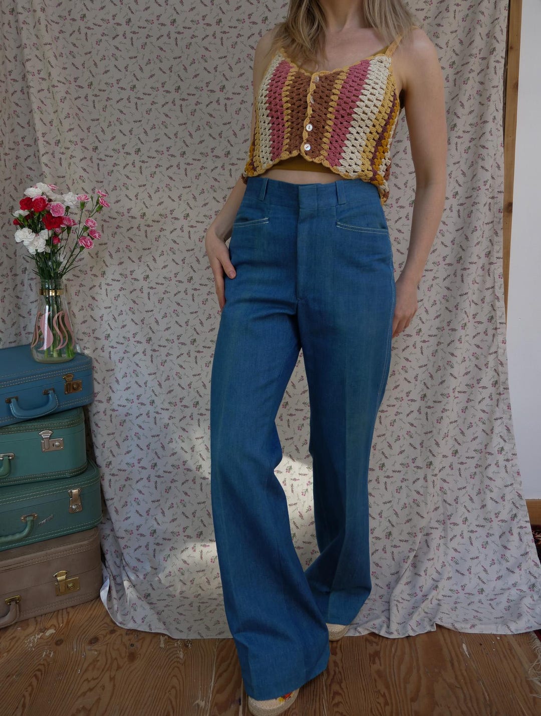 Vintage 60s 70s Bell Bottoms Jean Unisex Gender Neutral M High Waisted ...