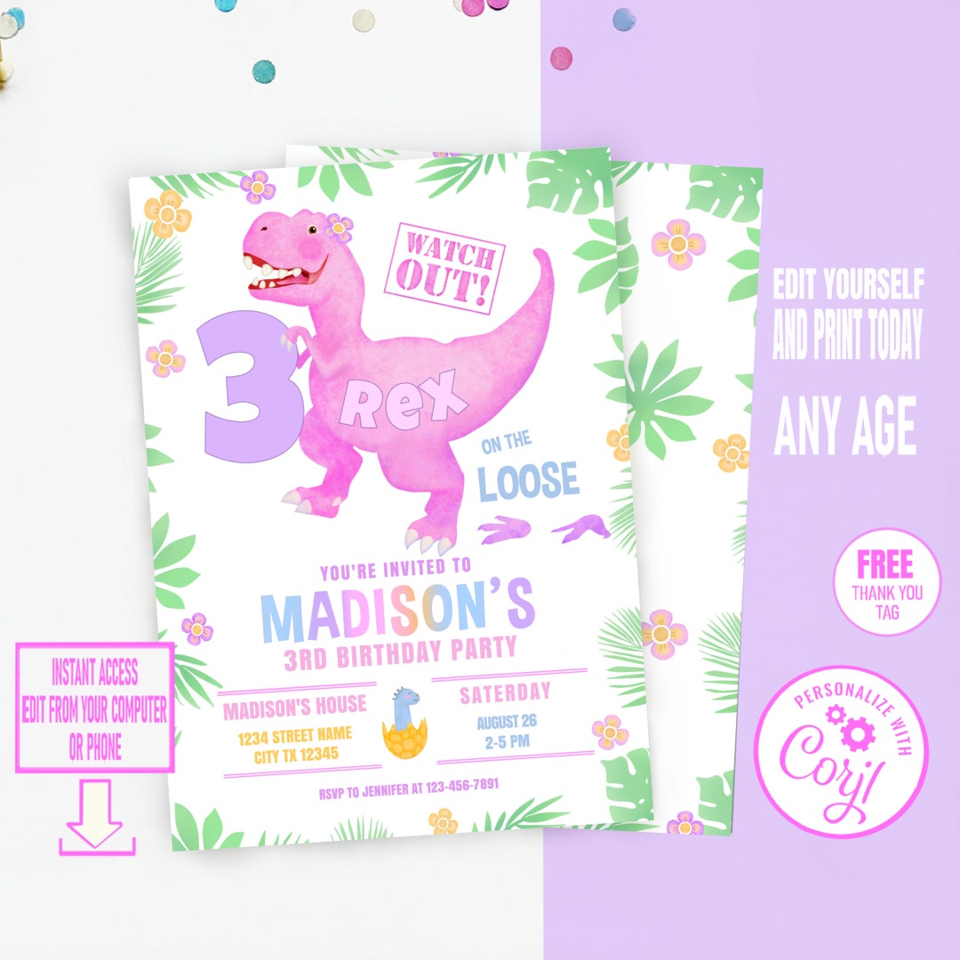 Editable Three Rex Dinosaur Birthday Invitation Girl, 3rd Birthday ...