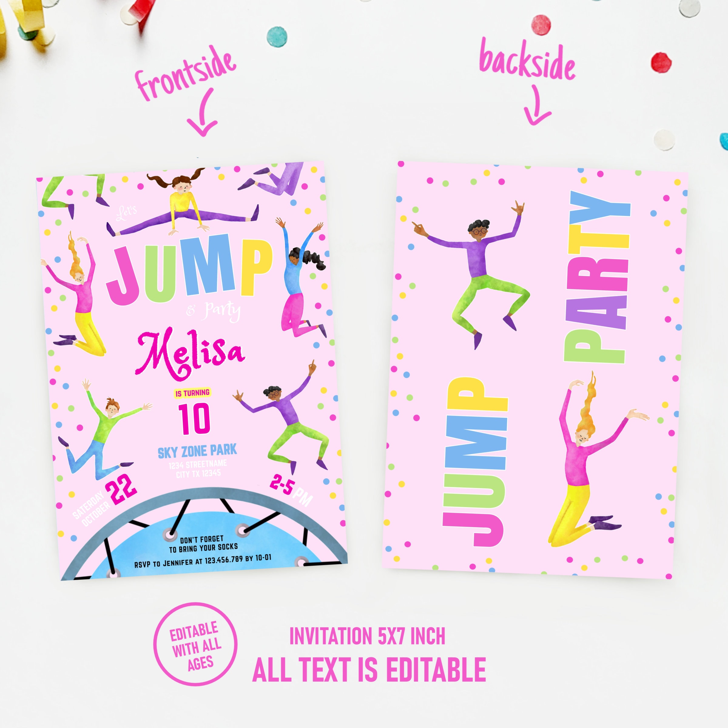 Jump and Play Invitation for Girl Trampoline Park Birthday Invite, Pink ...