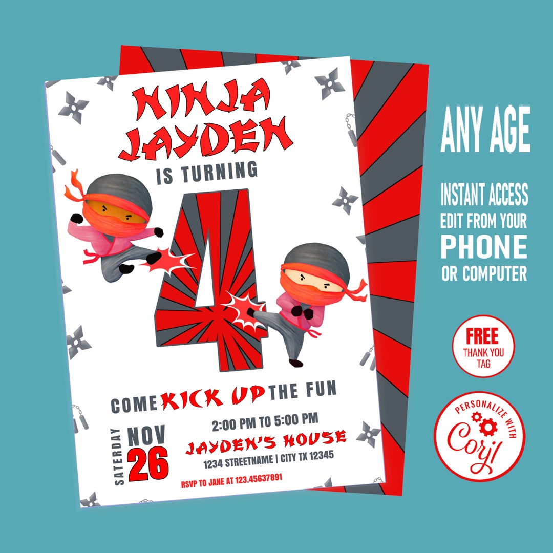 Editable Ninja Birthday Invitation Template Customizable Ninja Party ...