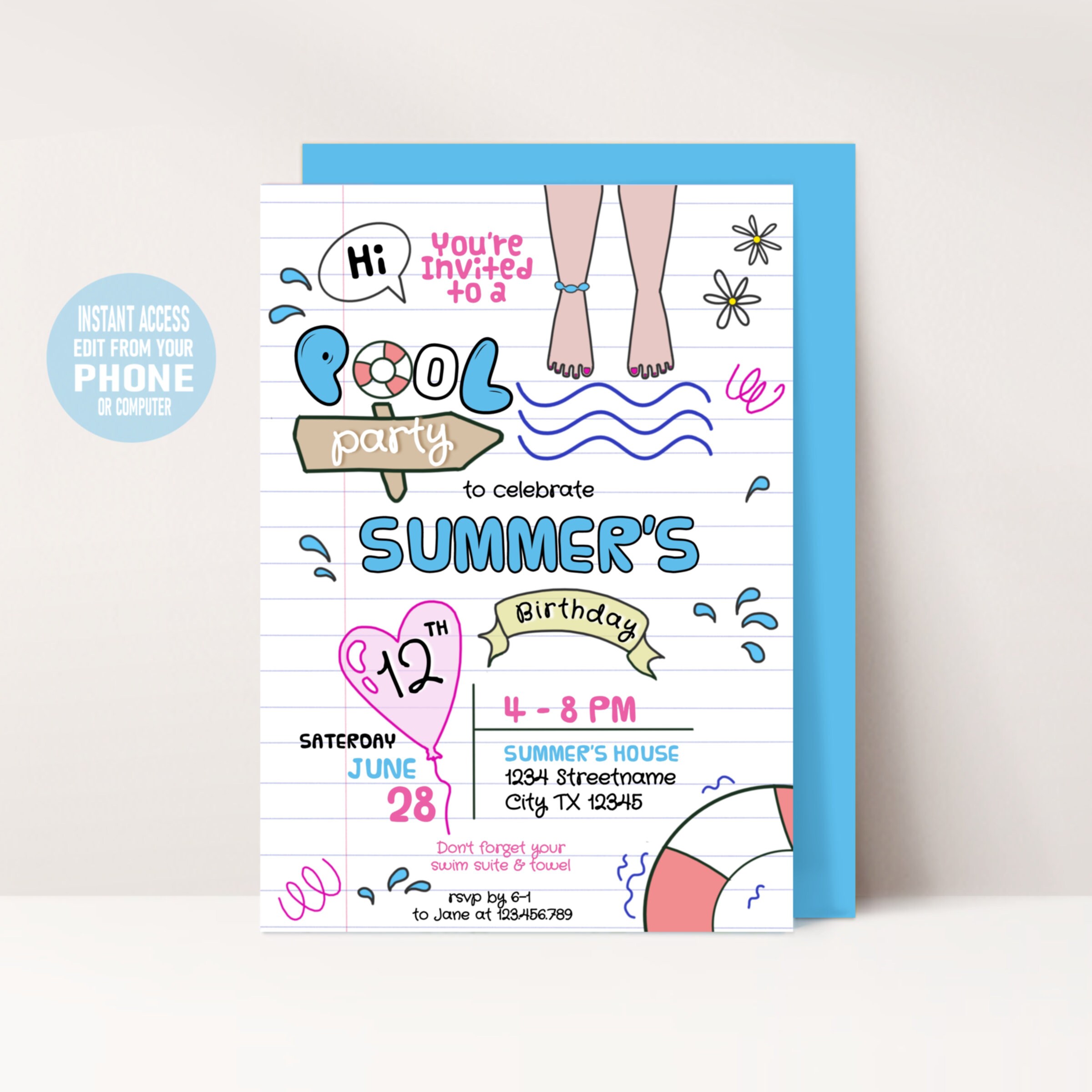 Editable Pool Party Invitation Set, Summer Evite Birthday, With Hand ...