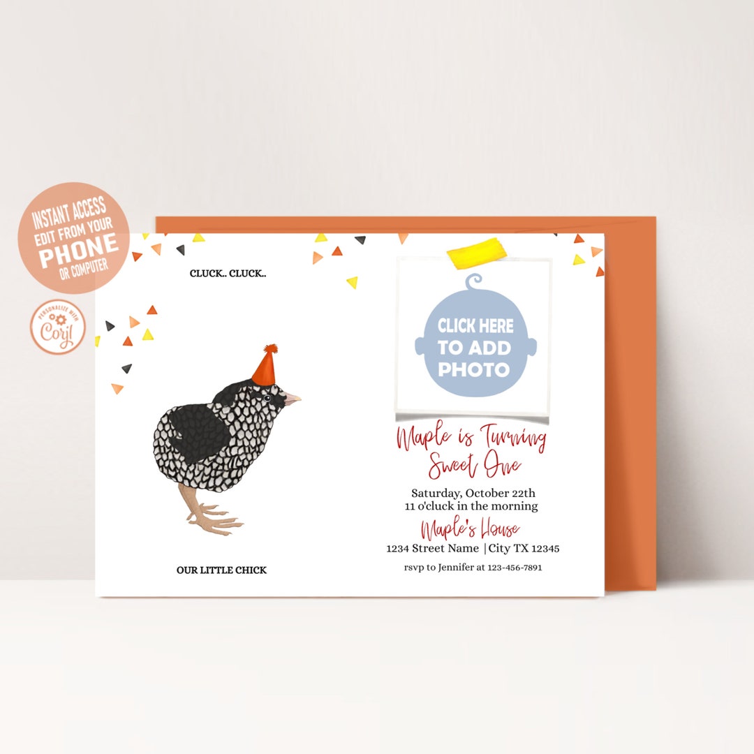 Little Chicken Birthday Invitation With Photo, Cute Farm Animal ...