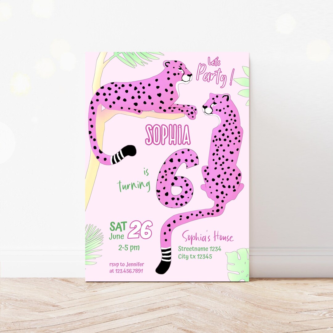 Cheetah Birthday Invitation for Girl Pink Leopard Jungle Invite Big Cat ...