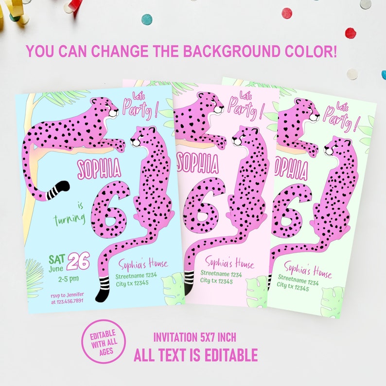 Cheetah Birthday Invitation for Girl Pink Leopard Jungle Invite Big Cat ...
