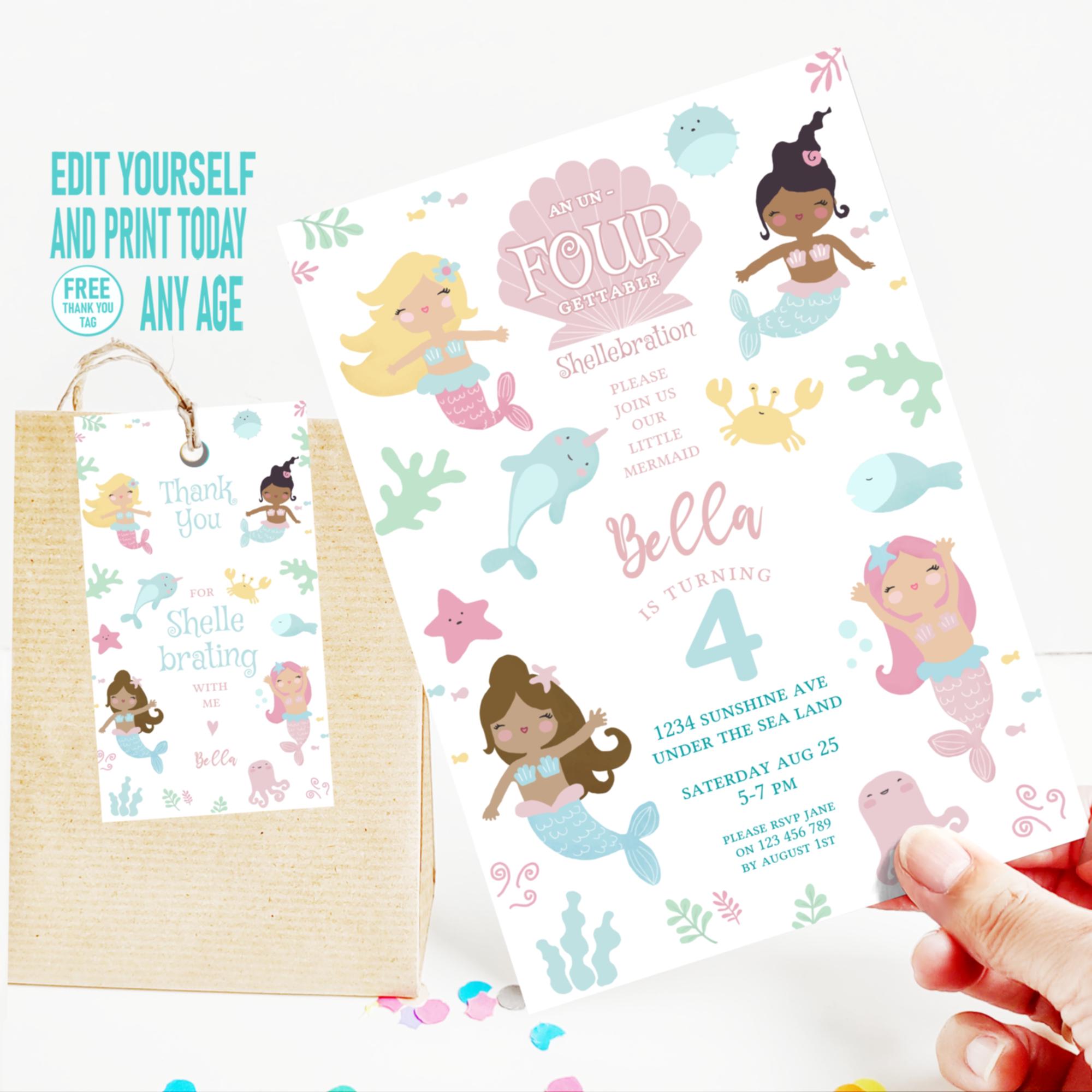 Mermaid Birthday Invitation, 4th Birthday Invite, an Un-four Gettable ...