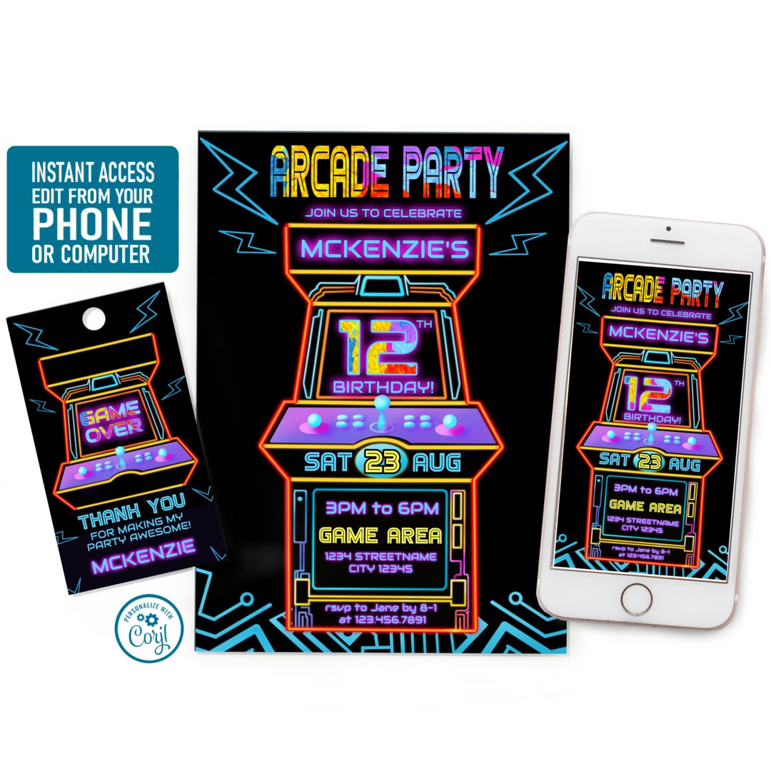Arcade Birthday Invitation, Boys Gamer Party, Neon Glow Invite, Retro ...