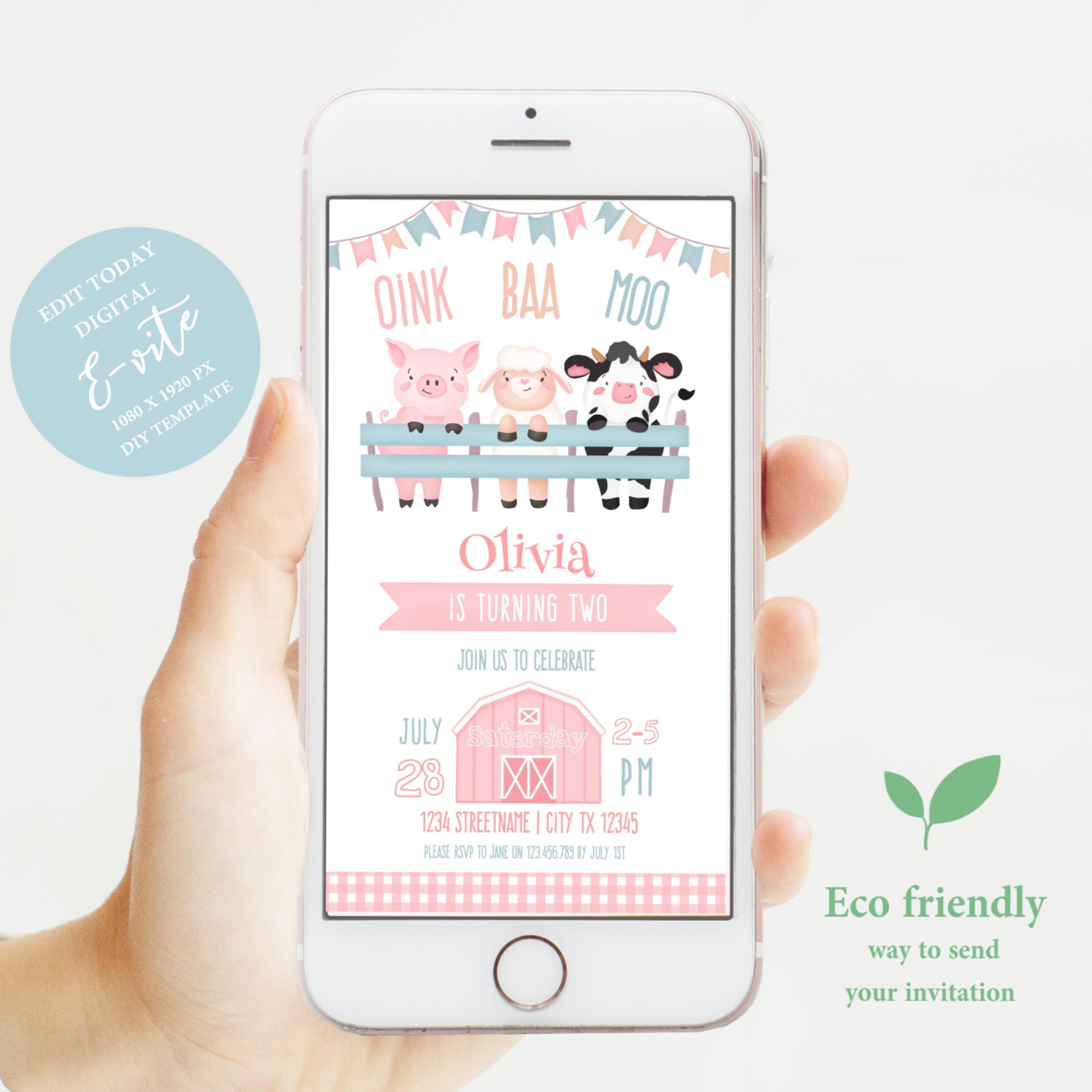 Editable Oink Baa Moo Im Two Invitation Set for Girl, Pink Farmyard ...