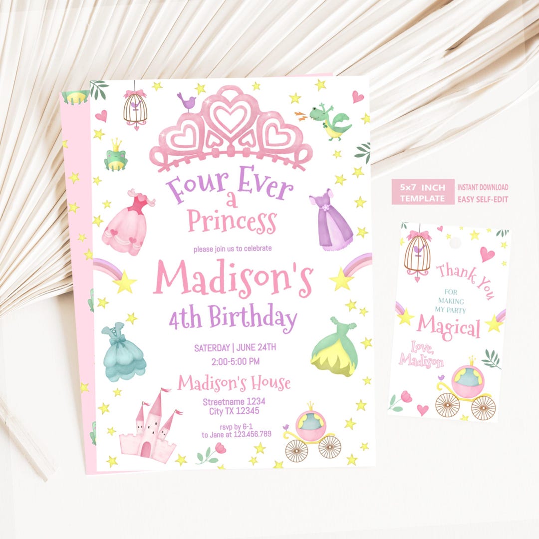 Princess Themed Birthday Invitation Four Ever a Princess Birthday ...