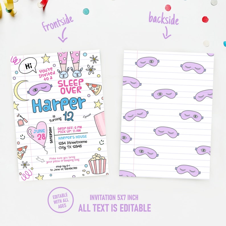 Editable Sleepover Party Invitation With Fun Doodle Art, Tween Girls ...
