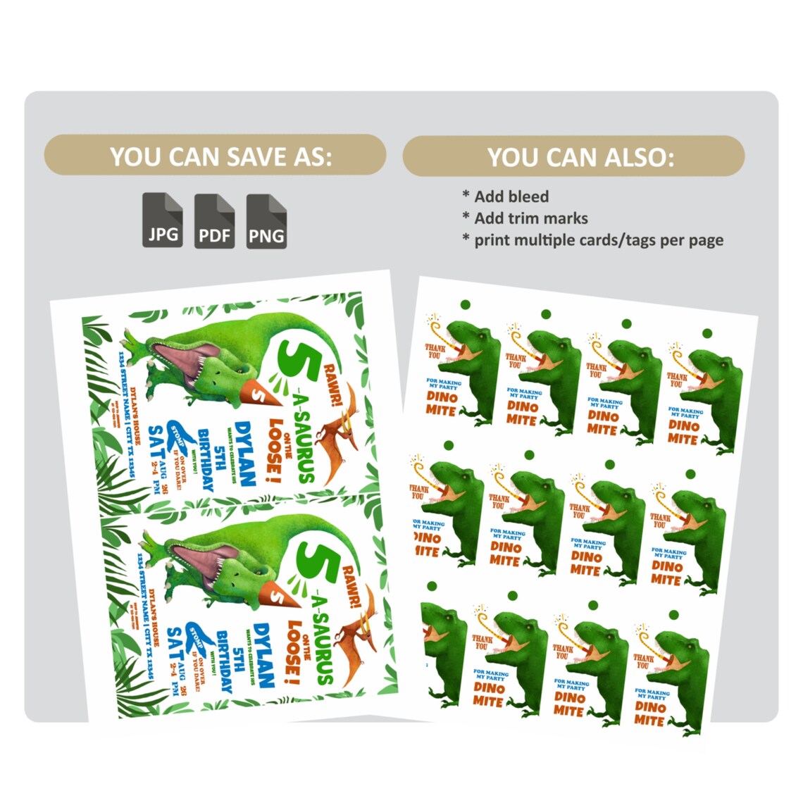 Five a Saurus Birthday Invitation, Dinosaur Birthday Invitation, Easy ...