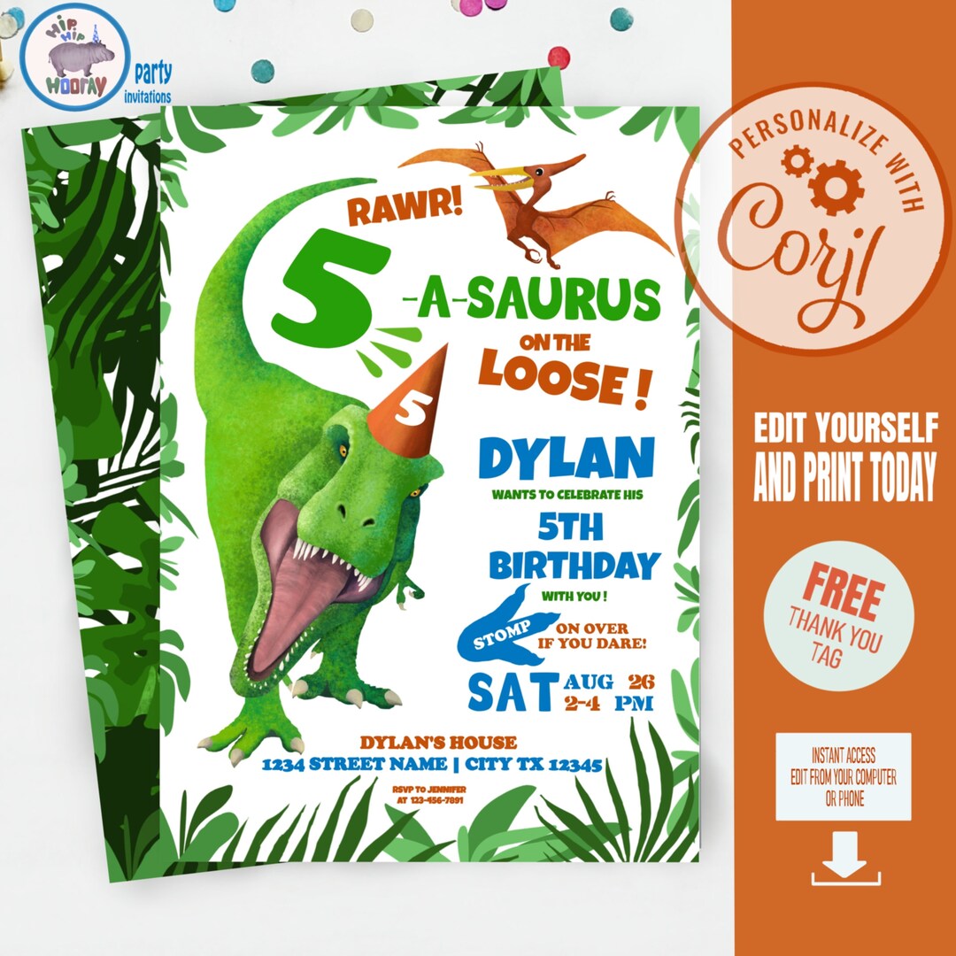 Five a Saurus Birthday Invitation Editable Dinosaur Invite Green T-rex ...