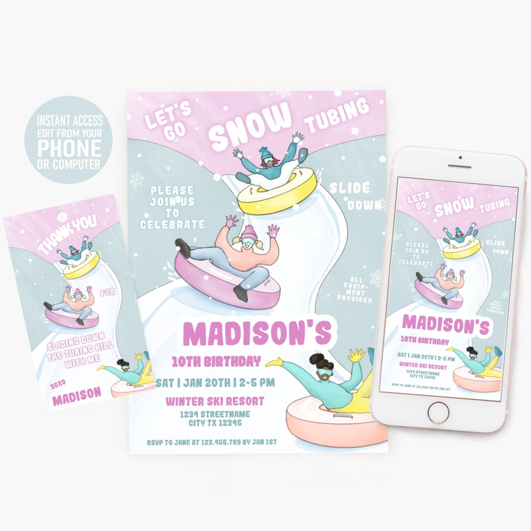 Snow Tubing Birthday Party Invite Pastel Color Dry Slope Winter Sport ...