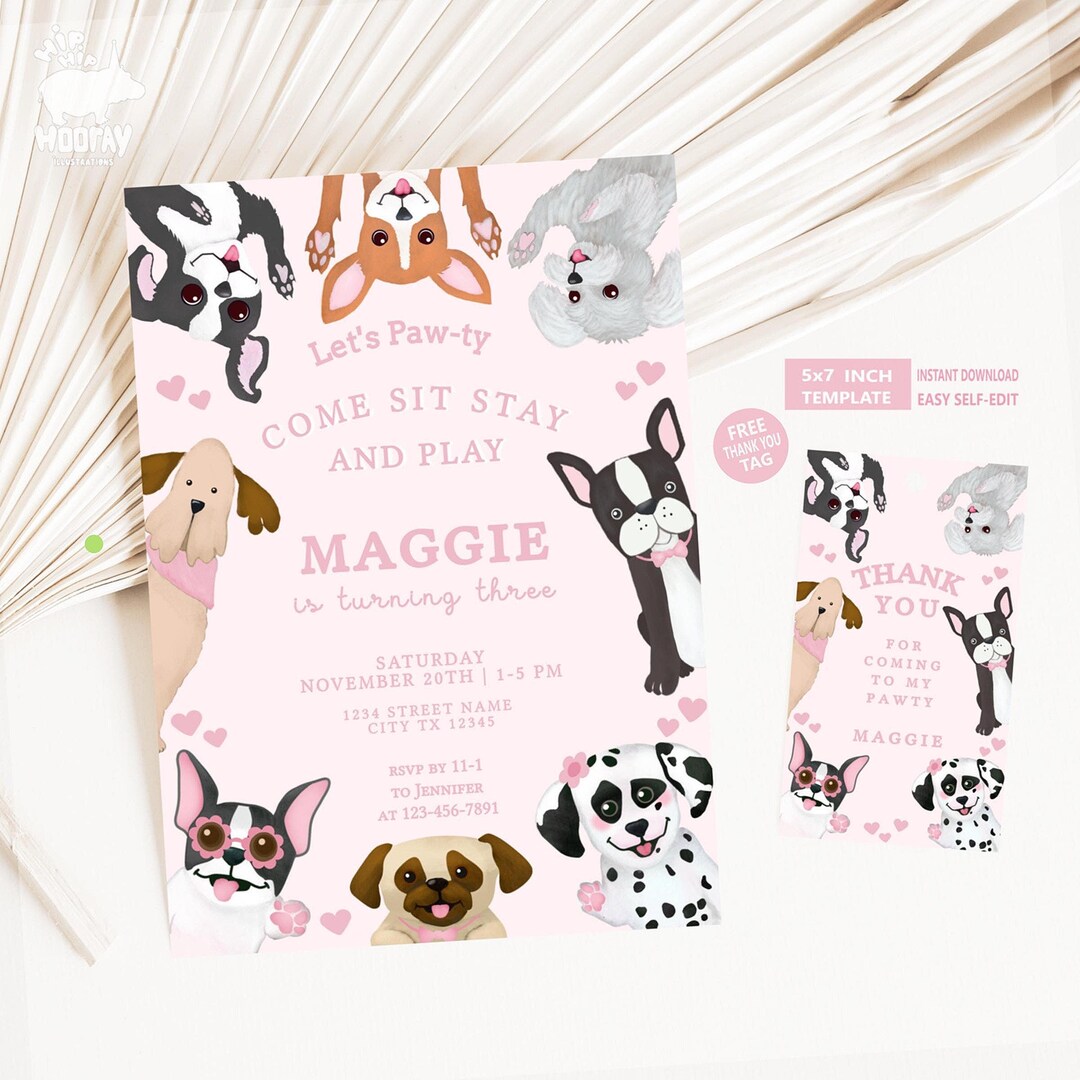 Dog Themed Birthday Invitation Editable Template, Let's Pawty Adopt a ...