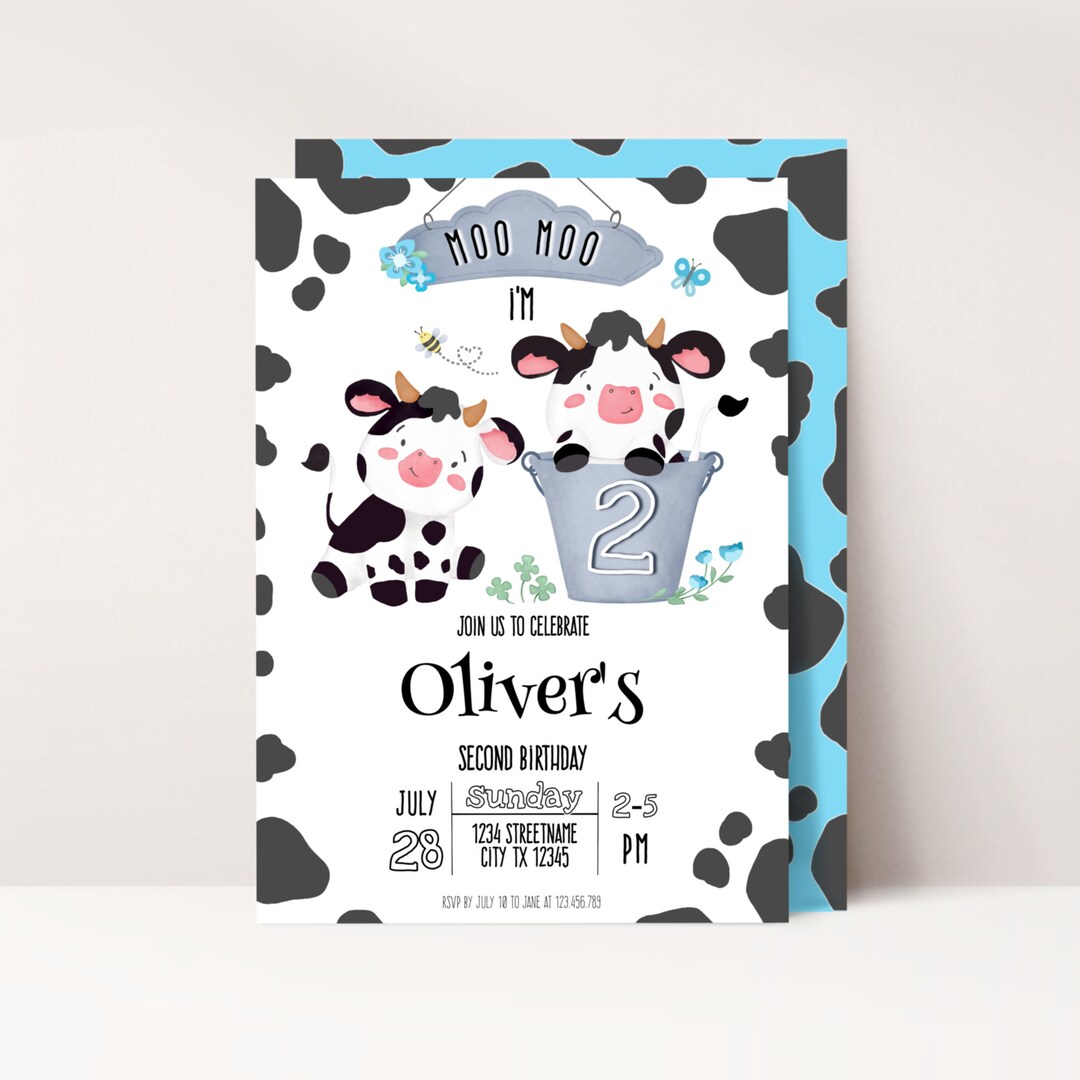 Moo Moo Im Turning Two Invitation Editable Cow Themed Second Birthday ...