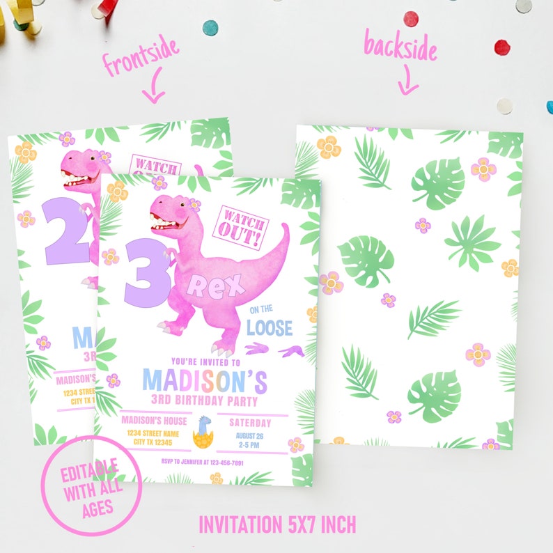 Editable Three Rex Dinosaur Birthday Invitation Girl, 3rd Birthday ...