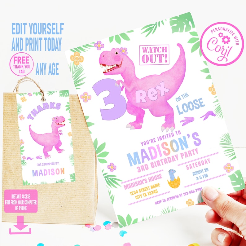 Editable Three Rex Dinosaur Birthday Invitation Girl, 3rd Birthday ...