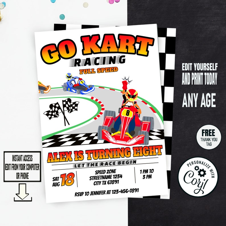 Go Kart Birthday Invitation Race Car Invitation Racing B'day Karting ...