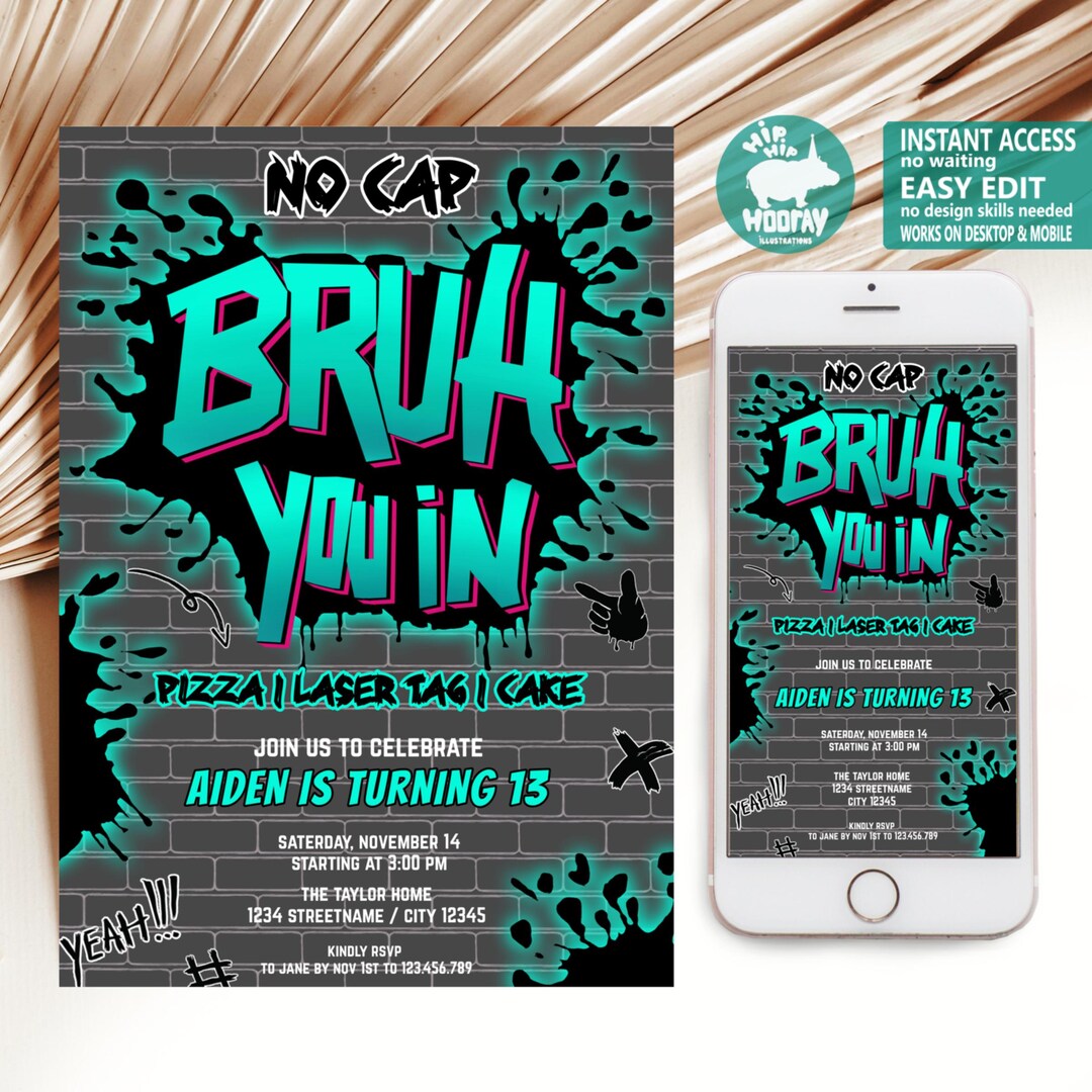 Neon Graffiti Bruh Birthday Invitation, Editable Template - Etsy