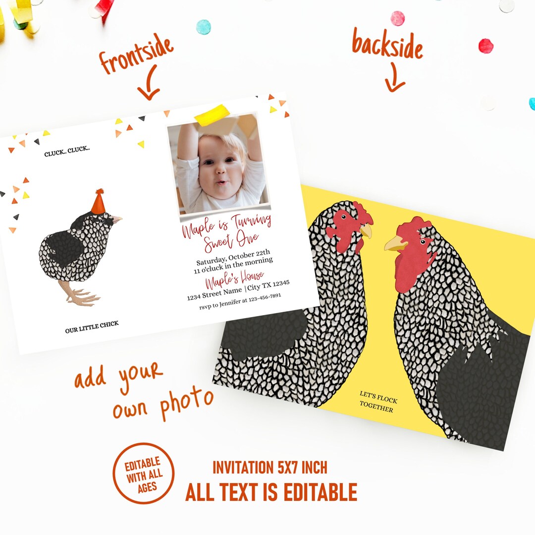 Chicken First Birthday Invitation With Photo This Chick is One Farm ...