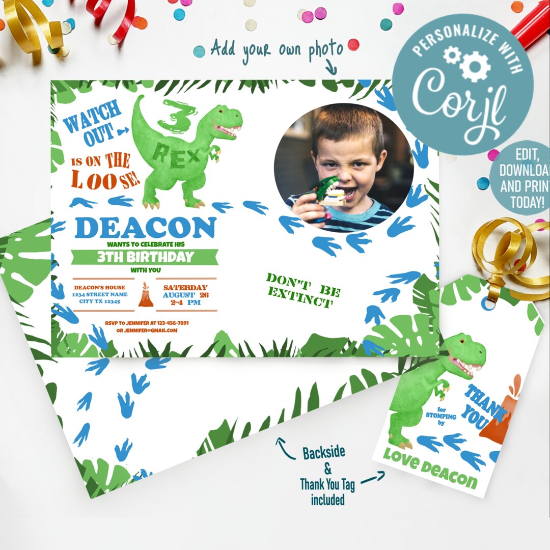 Three Rex Invitation, 3 Rex Invitation, 3rd Birthday Theme T-rex Invite ...