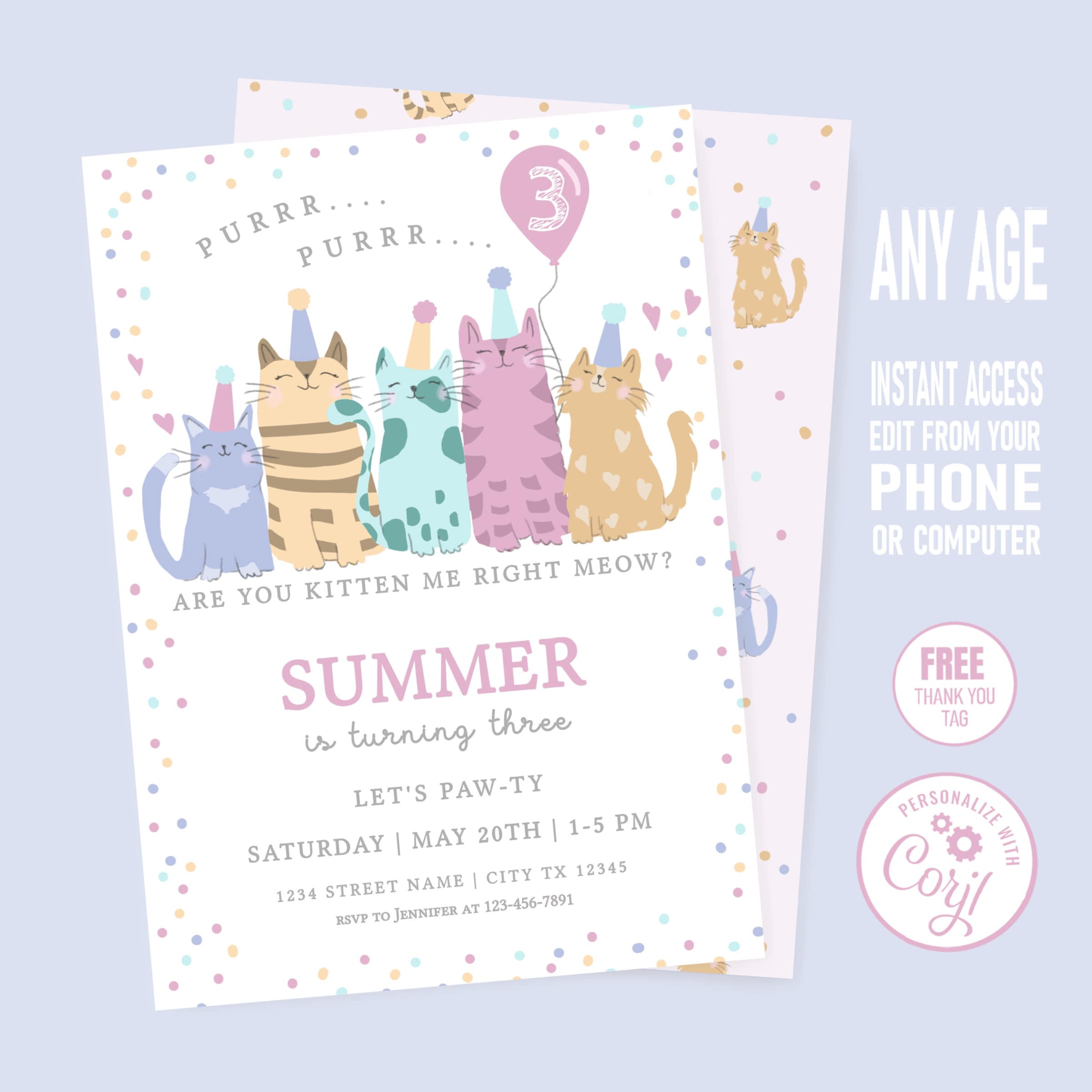 Printable Cat Invitation, Lets Pawty Kitten Invite, Cat Themed Birthday ...
