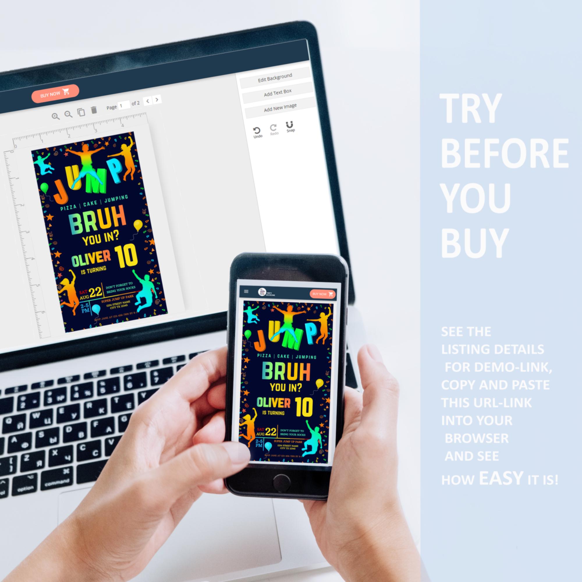Editable Trampoline Park Text Invite, Electronic Jump Party Evite Bruh ...