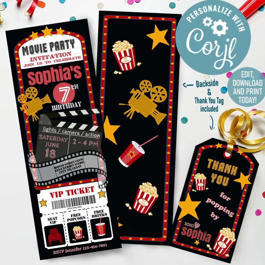 Movie Birthday Party Invitation Girl, Movie Night Party Invitation ...