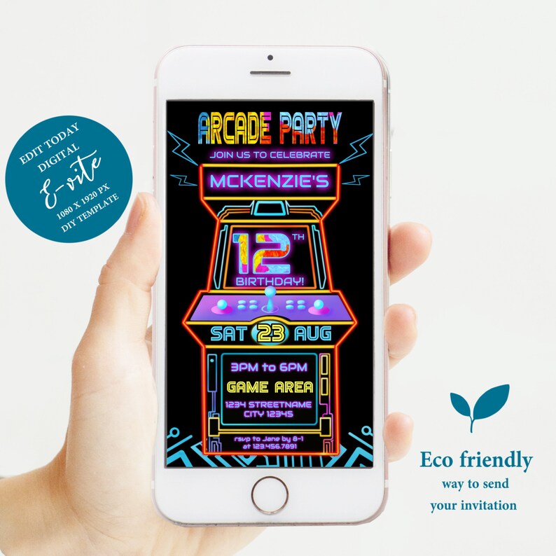 Arcade Birthday Invitation, Boys Gamer Party, Neon Glow Invite, Retro ...