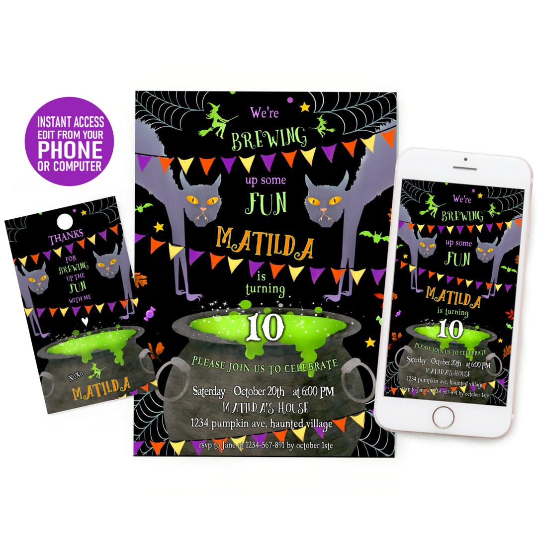 Halloween Witch Birthday Invitation Set, Brewing up Some Spooky Fun ...