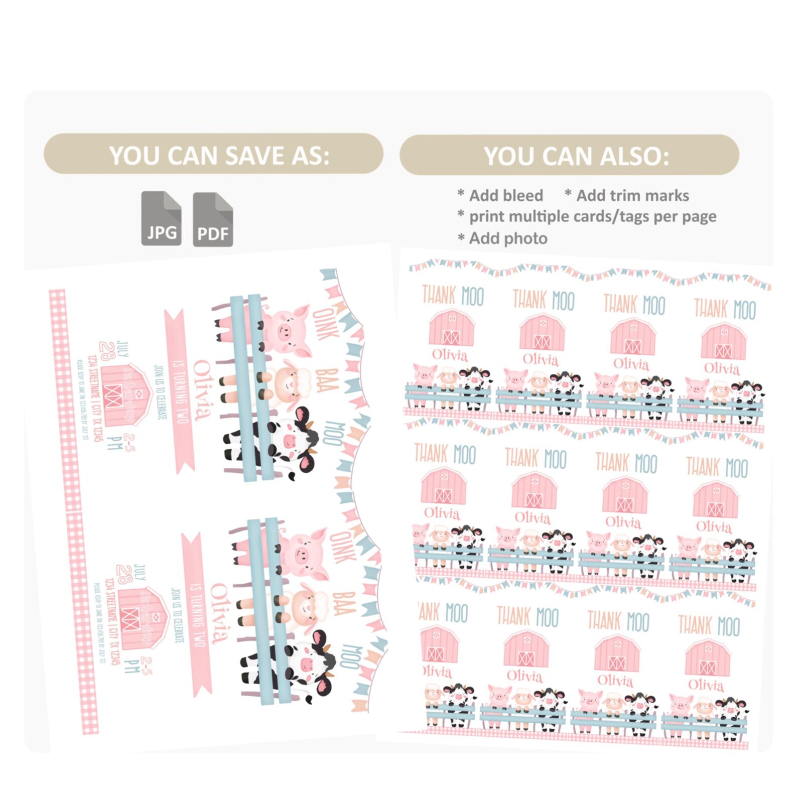 Oink Baa Moo Im Two Invitation for Girl, Pink Farmyard Editable Invite ...