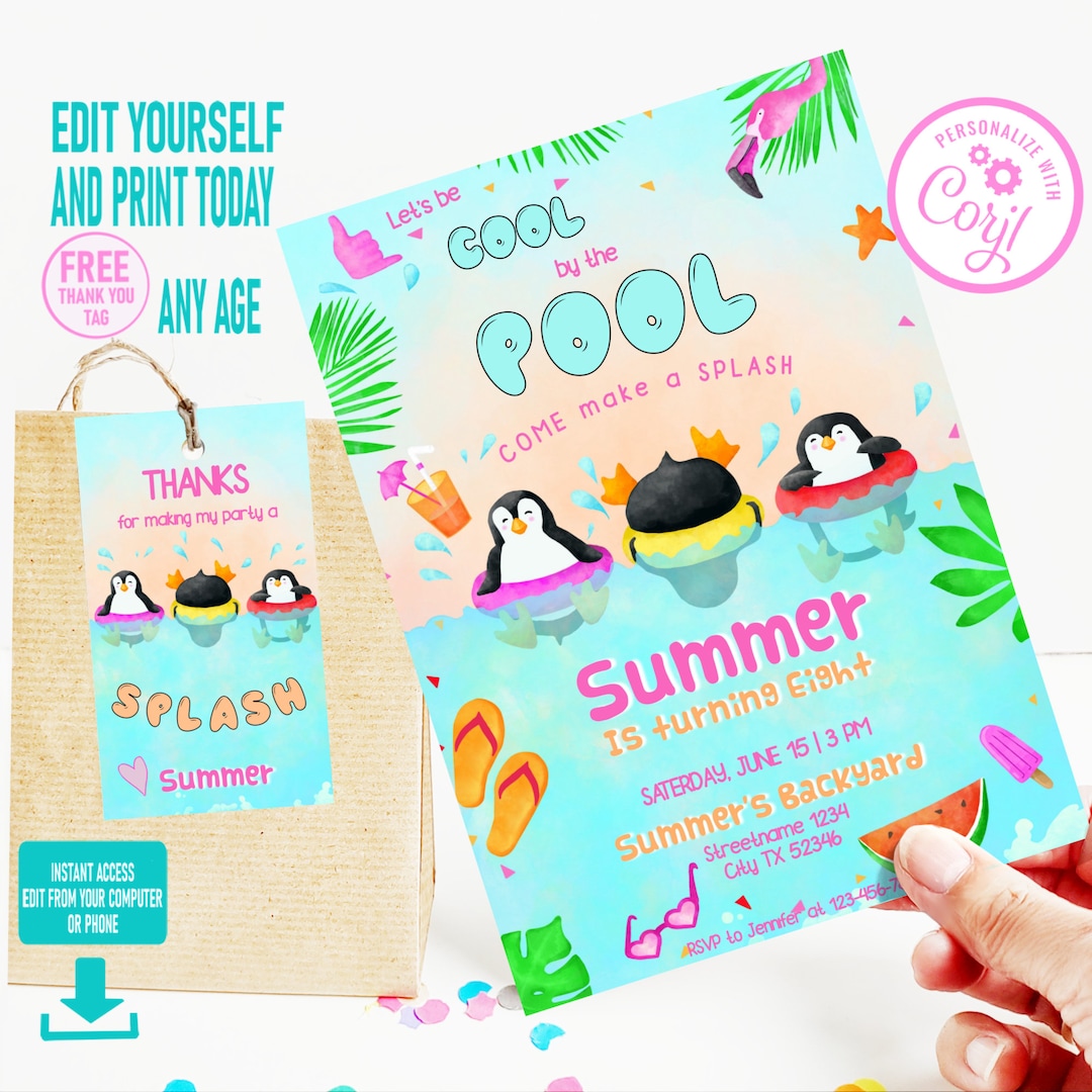 Penguin Pool Party Invitation Girl Beach Party Invite Splish Splash ...