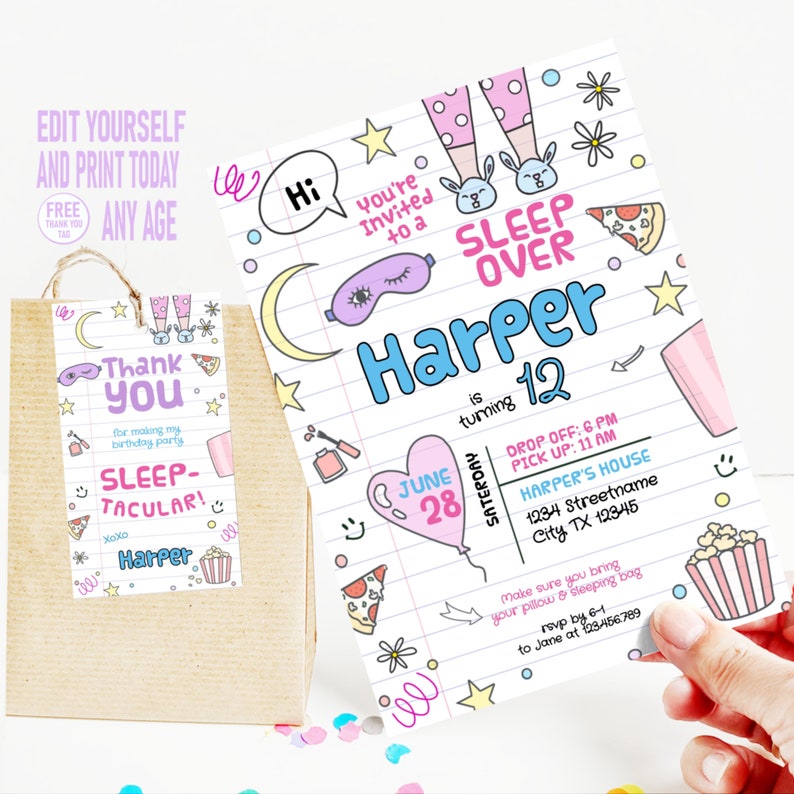Editable Sleepover Party Invitation With Fun Doodle Art, Tween Girls ...