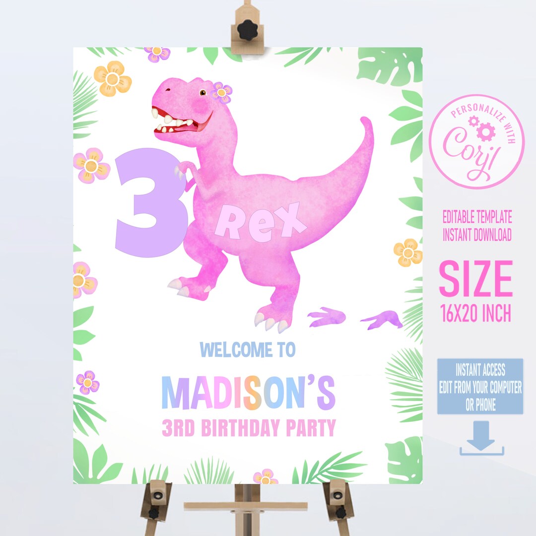 Pink Three Rex Welcome Sign, Girl 3rd Birthday Dinosaur Party Decor ...